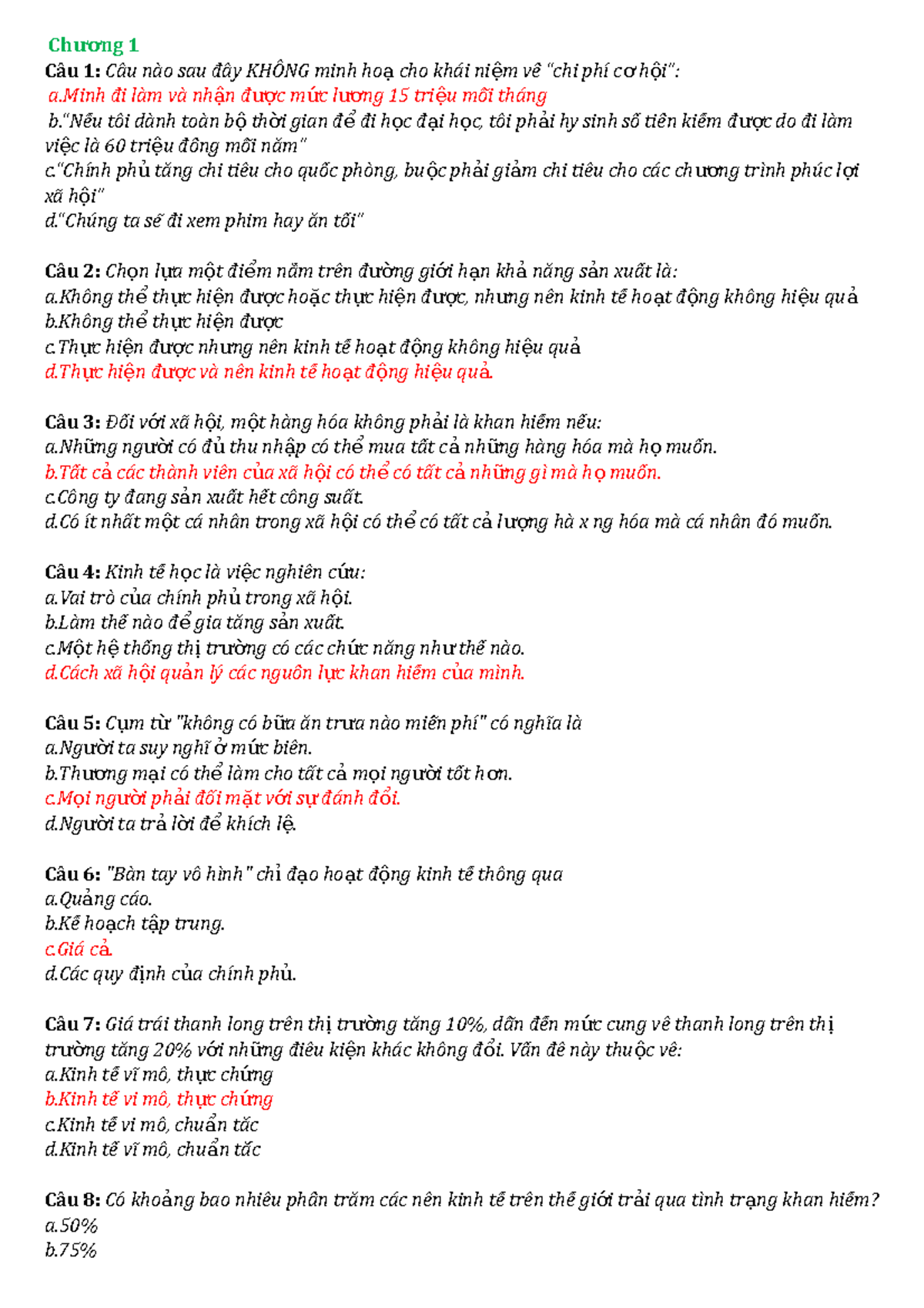 KINH TE VI MO 2 - hên xui - Ch ương 1 Câu 1: Câu nào sau đây KHÔNG minh ho ạ cho khái ni m vềề ...