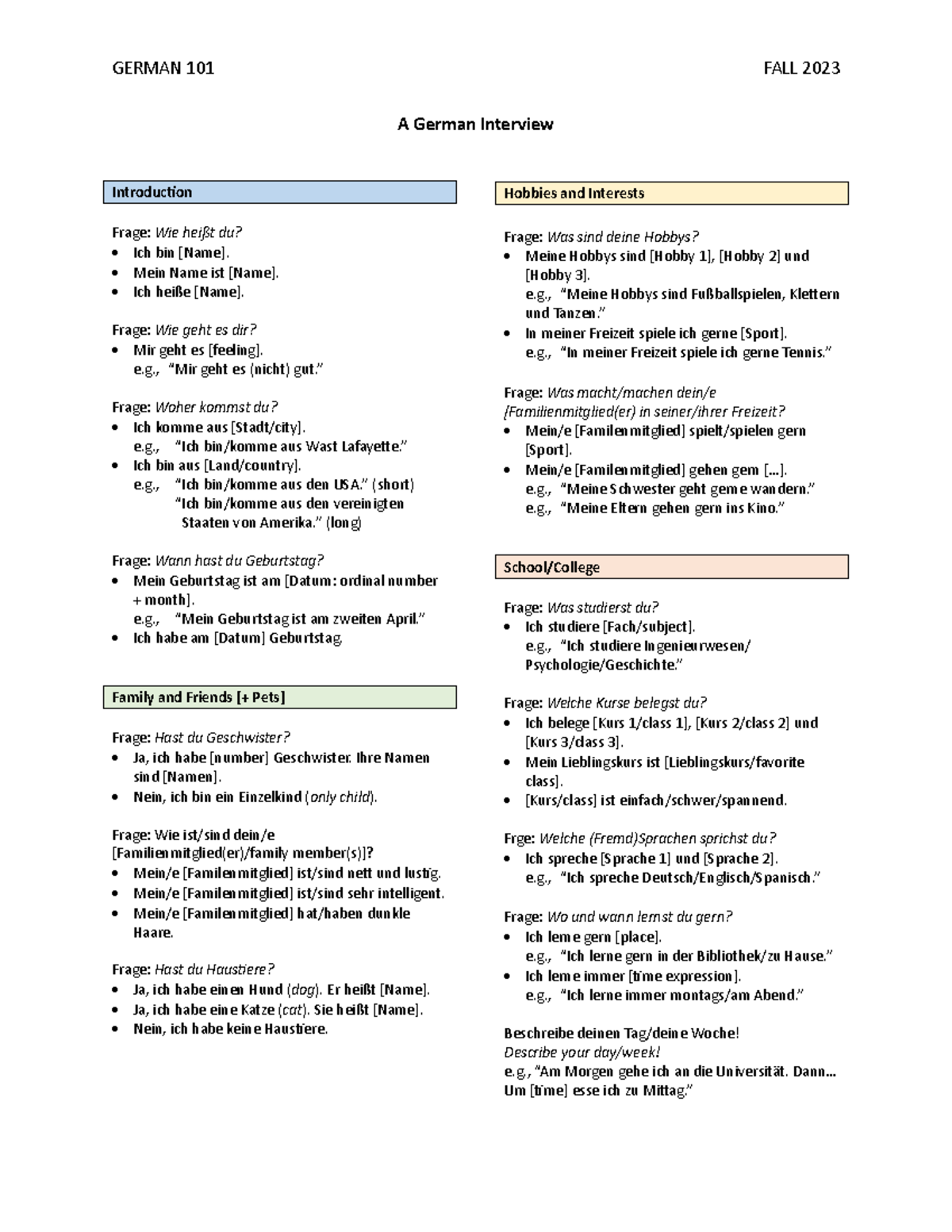 A German Interview handout - GERMAN 101 FALL 2023 A German Interview ...