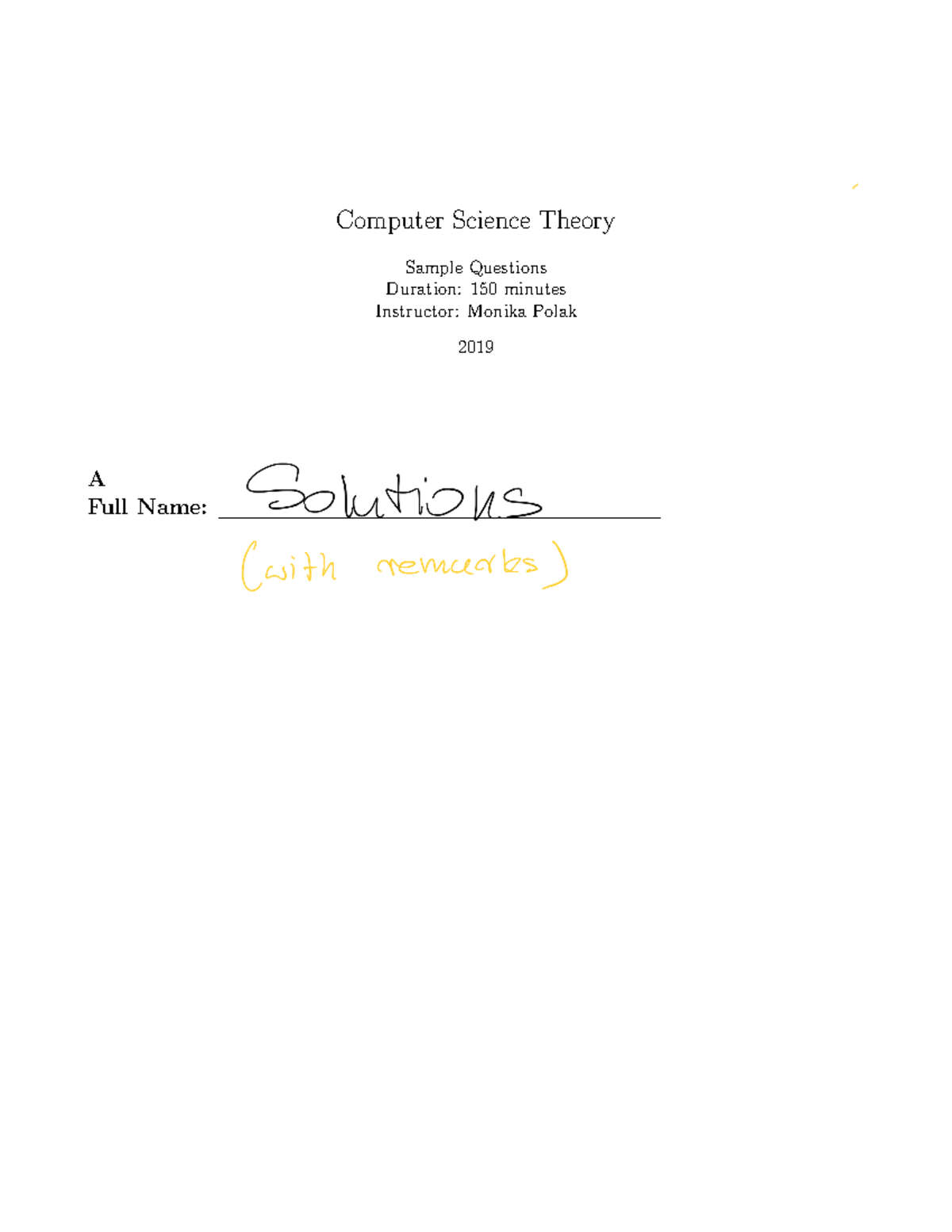 Final sample sol - Computer Science Theory Sample Questions Duration ...