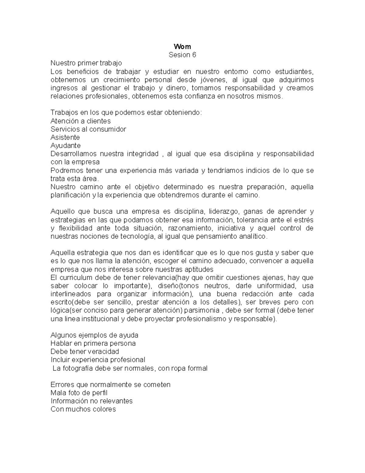 Wom 6 - Wom - Wom Sesion 6 Nuestro primer trabajo Los beneficios de ...