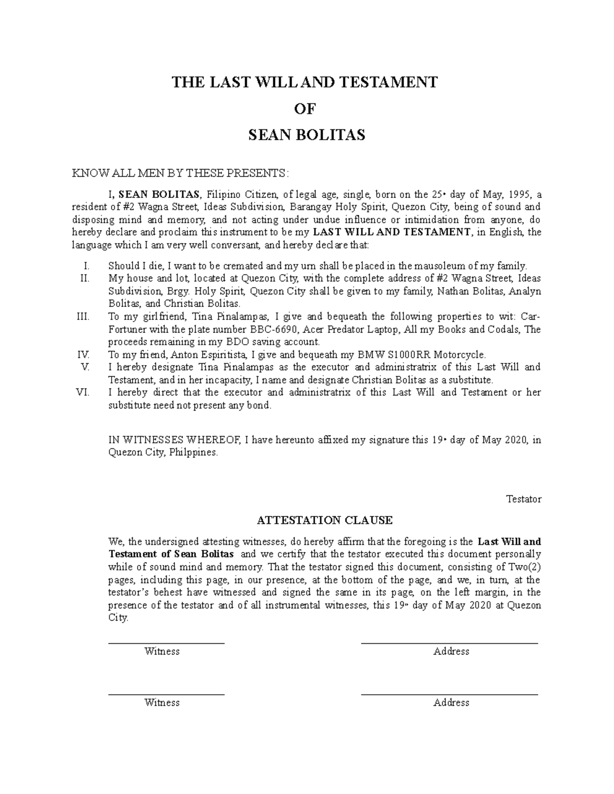LAST WILL AND Testament - Sample - THE LAST WILL AND TESTAMENT OF SEAN ...