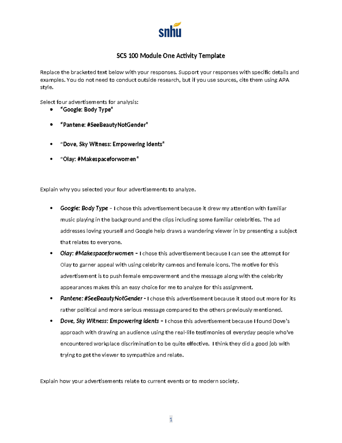 SCS 100 Module One Activity completed - SCS 100 Module One Activity Template Replace the ...
