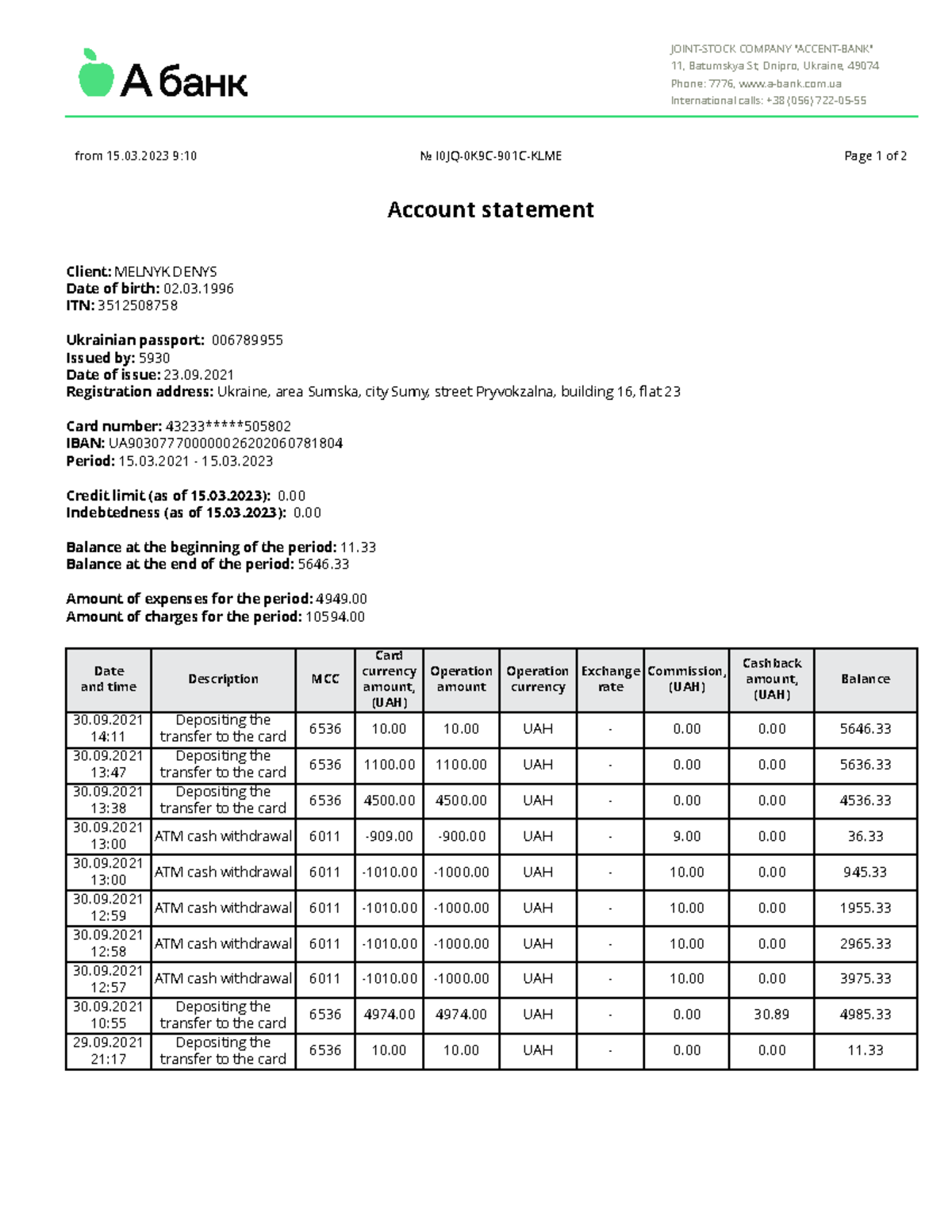 03152023 091016 - JOINT-STOCK COMPANY "ACCENT-BANK" 11, Batumskya St, Dnipro, Ukraine, - Studocu