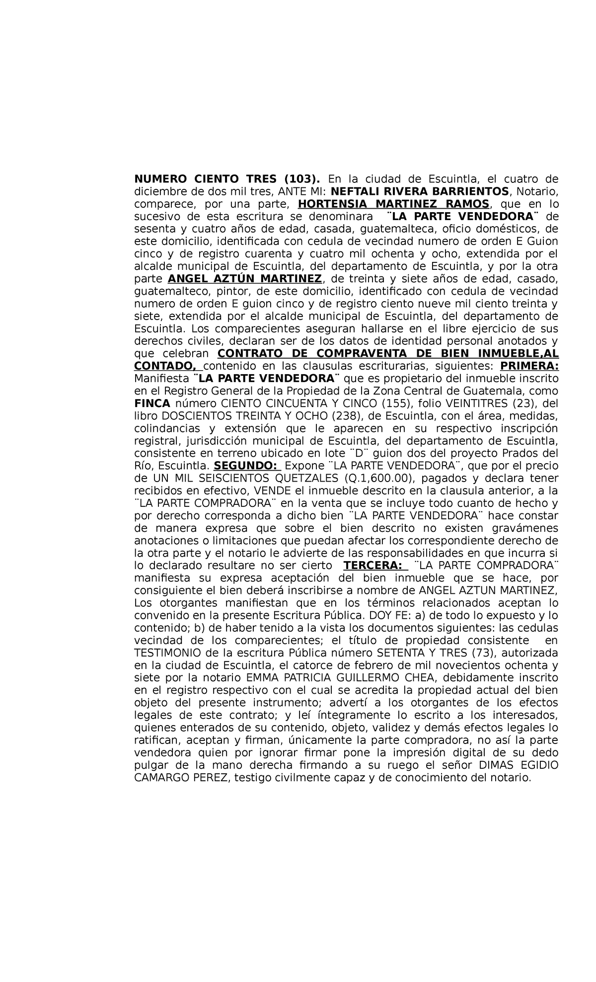 Escritura ciento trez - excelente - NUMERO CIENTO TRES (103). En la ...