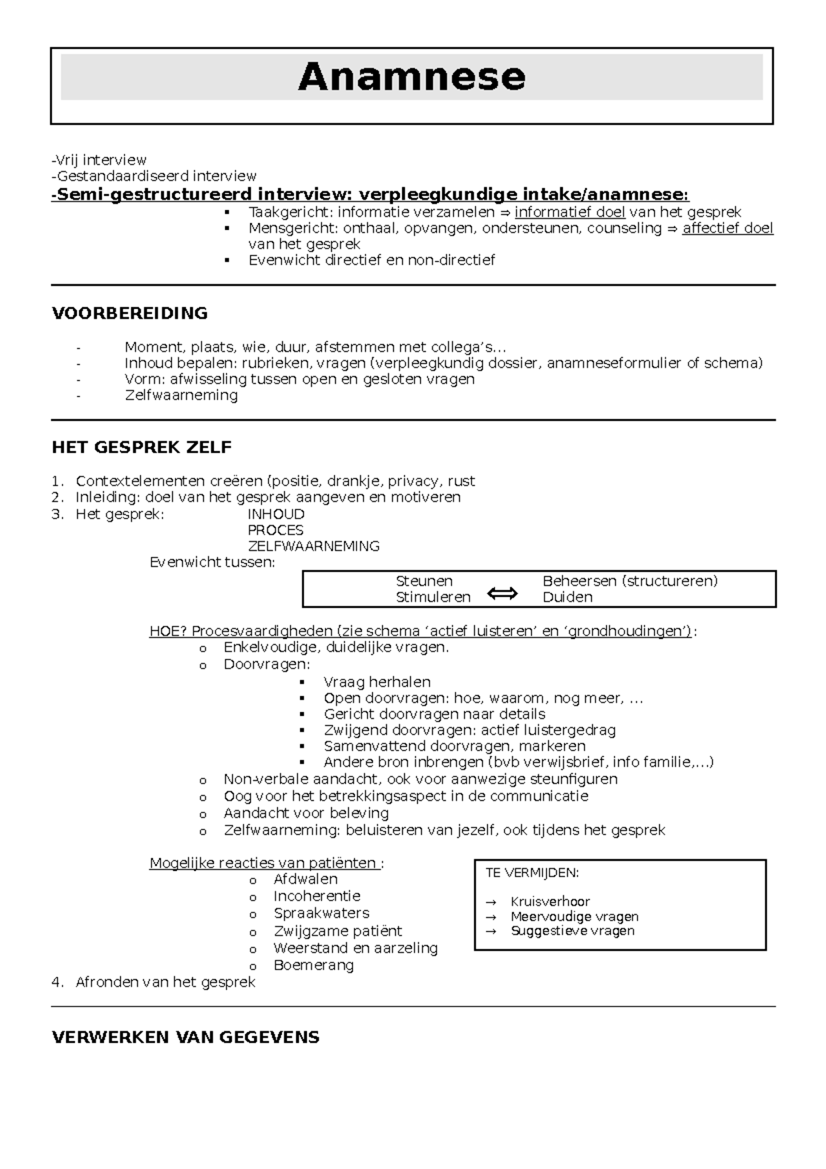 Schema Anamnese -Vrij interview -Gestandaardiseerd interview - Semi ...