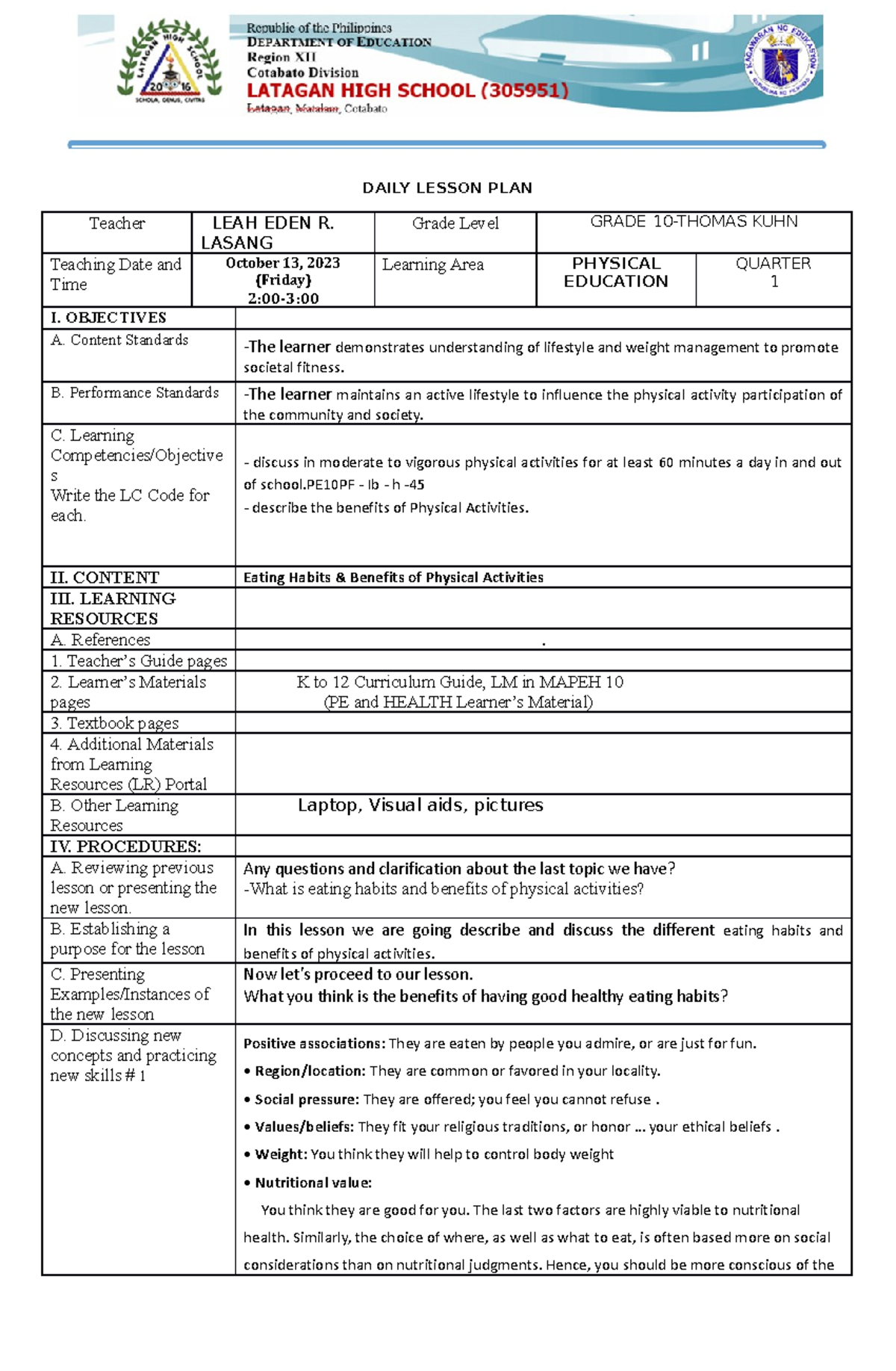 DLL School Official Format final - DAILY LESSON PLAN Teacher LEAH EDEN ...