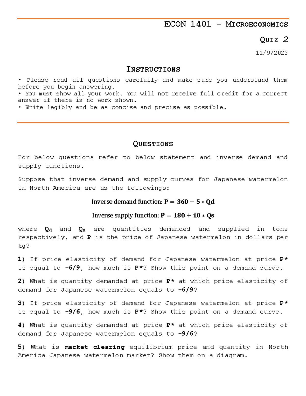 ECON 1401 Quiz#2 - ghgj - ECON 1401 - MICROECONOMICS QUIZ 2 11/9 ...