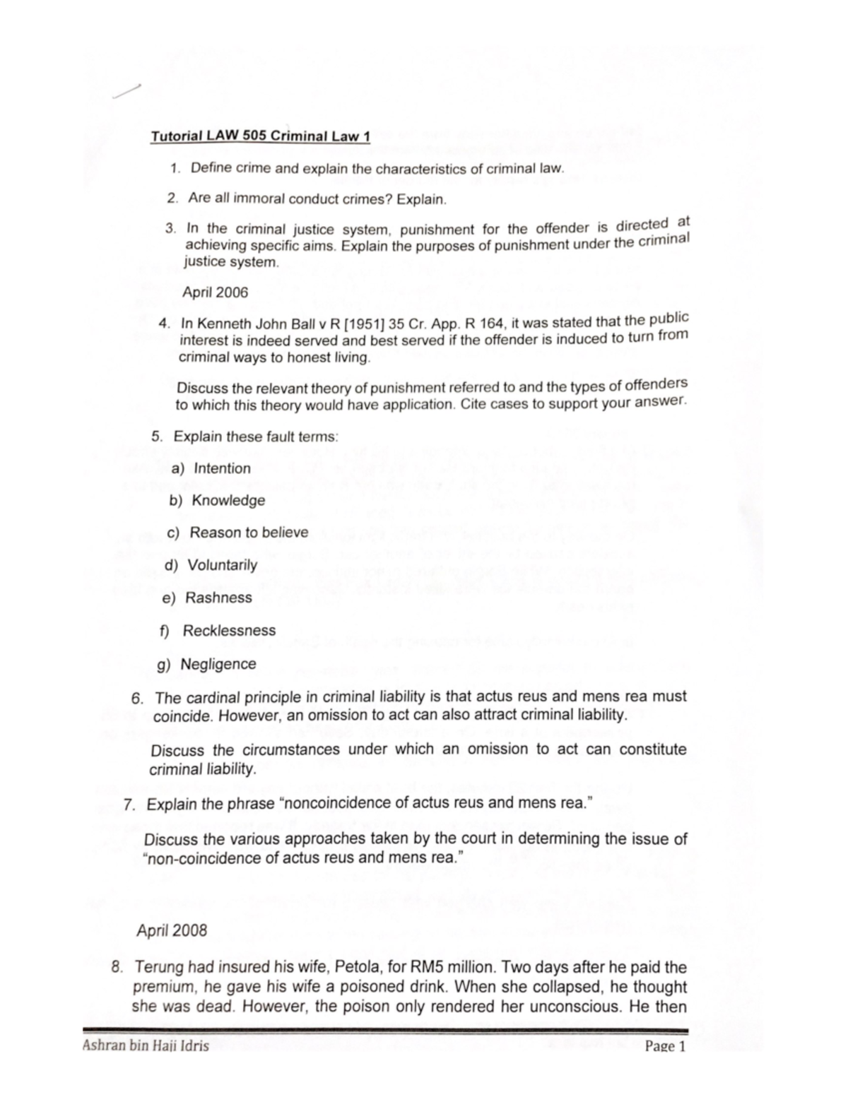 Tutorial LAW 505 Criminal Law 1 - Equity and trust - Studocu