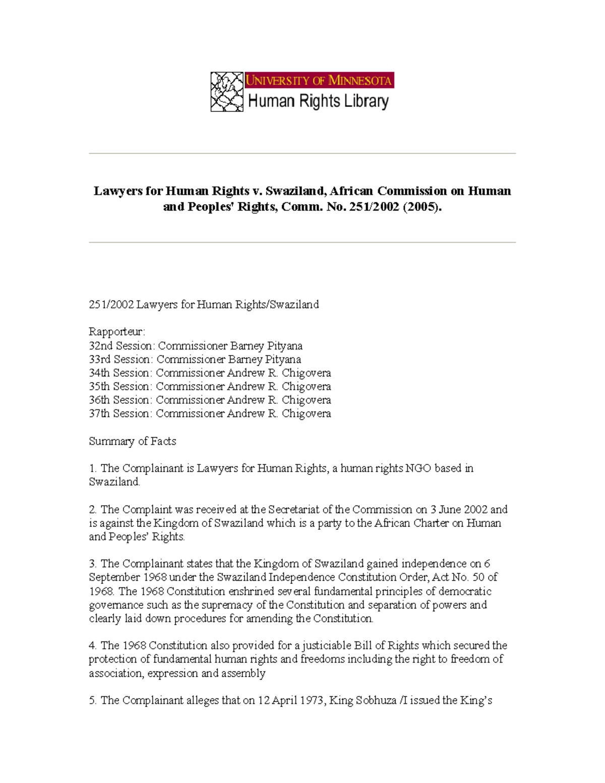 Lawyers for Human Rights v - Swaziland, African Commission on Human and ...