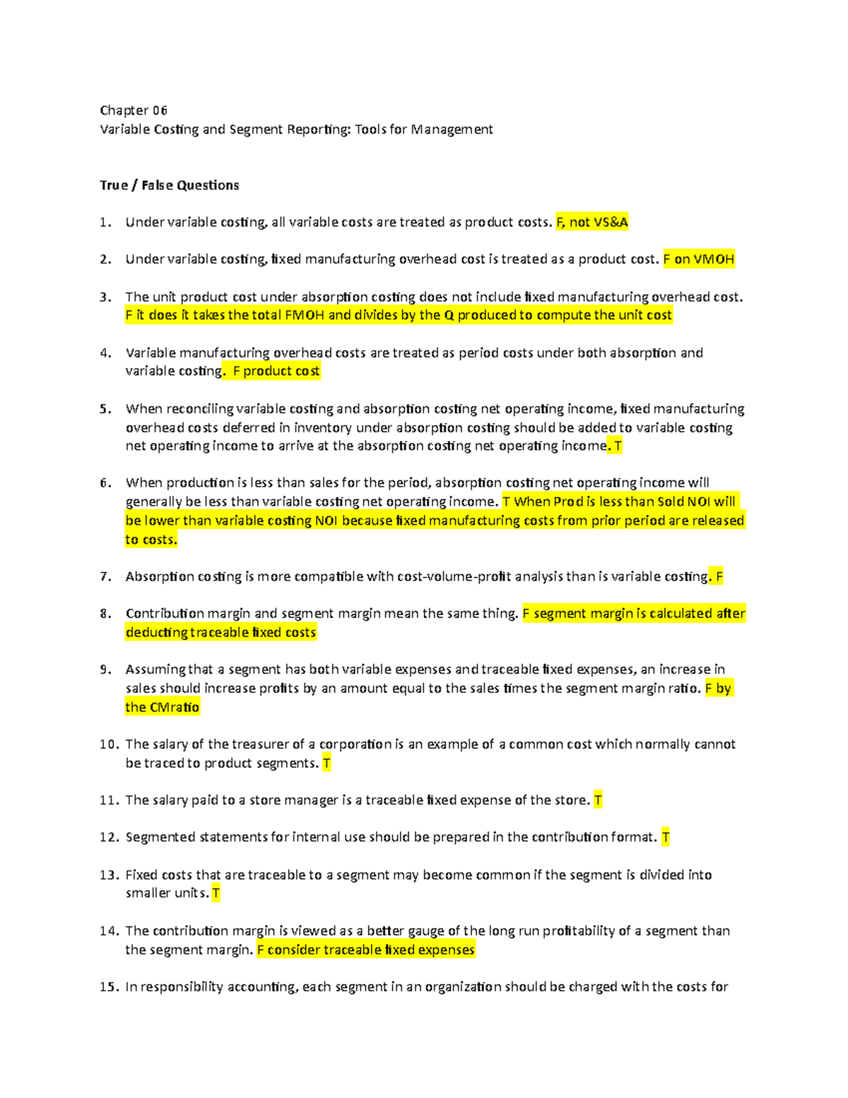 Chapter-06-TF-MC-answers - Chapter 06 Variable Costing and Segment ...