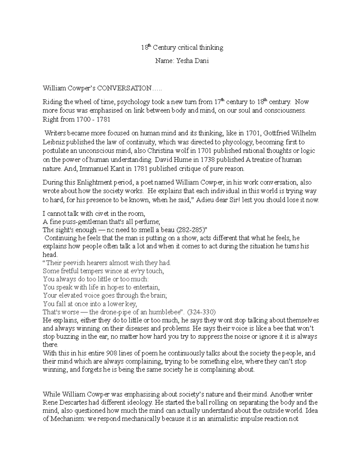 18th centuary - Lecture notes 1-2 - 18th Century critical thinking Name ...