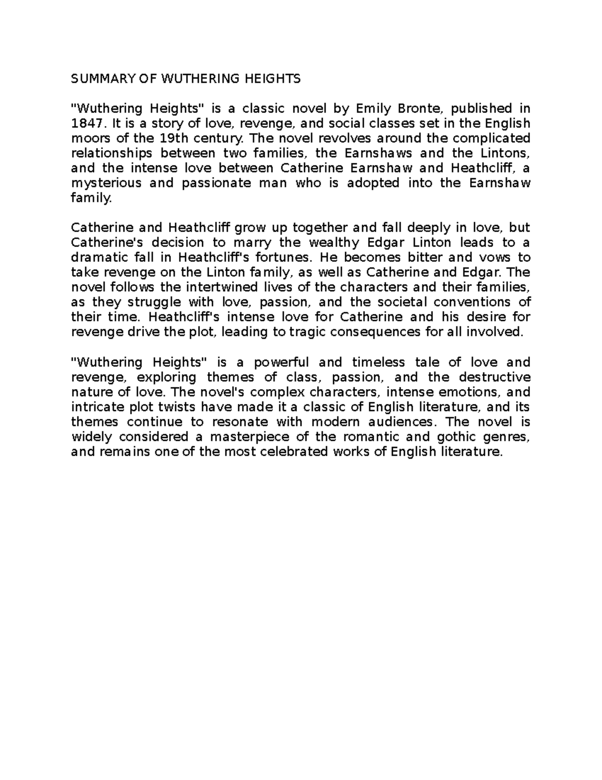 Summary OF Wuthering Heights - SUMMARY OF WUTHERING HEIGHTS "Wuthering ...
