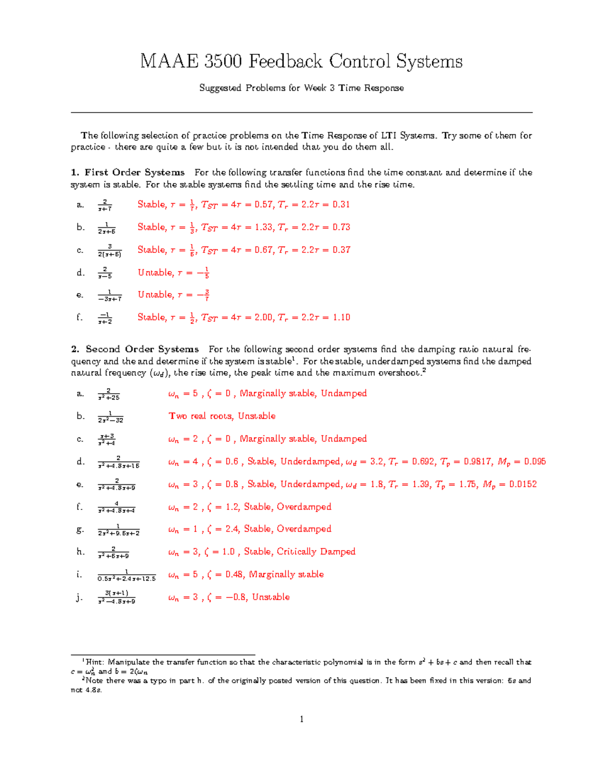 Routh-Hurwitz and Time Response solutions - MAAE 3500 Feedback Control ...