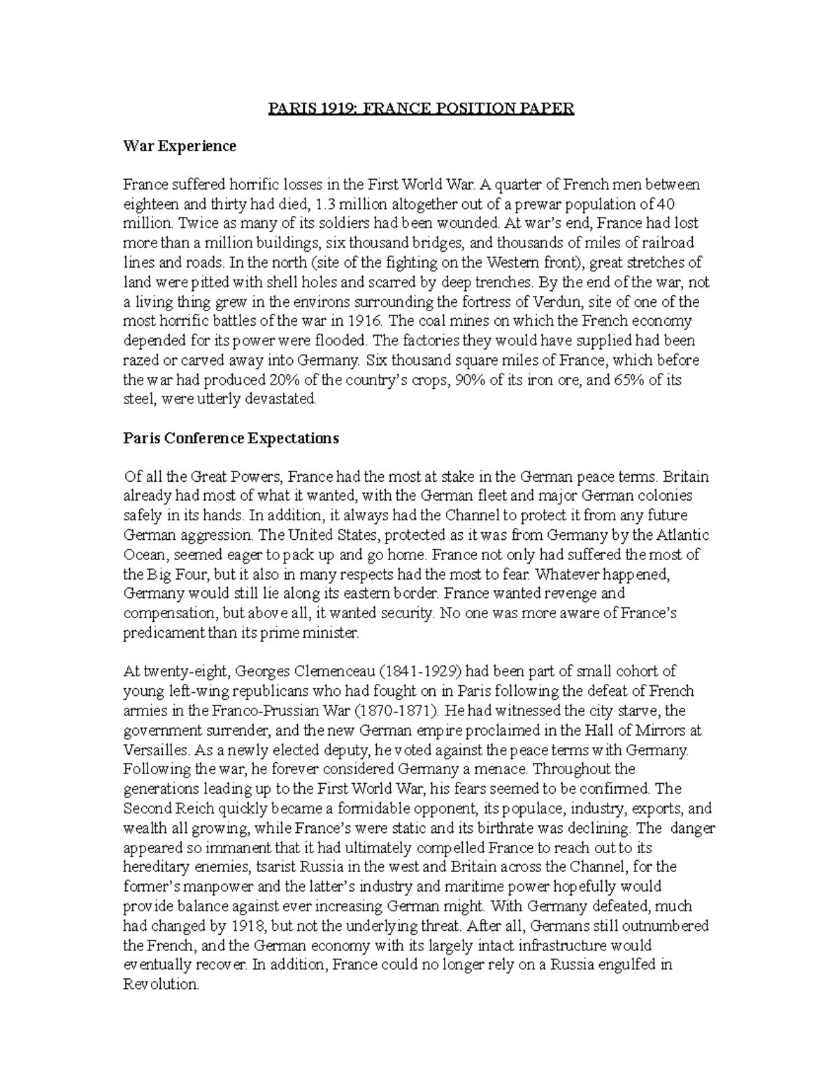 Paris 1919-France position paper - PARIS 1919: FRANCE POSITION PAPER ...