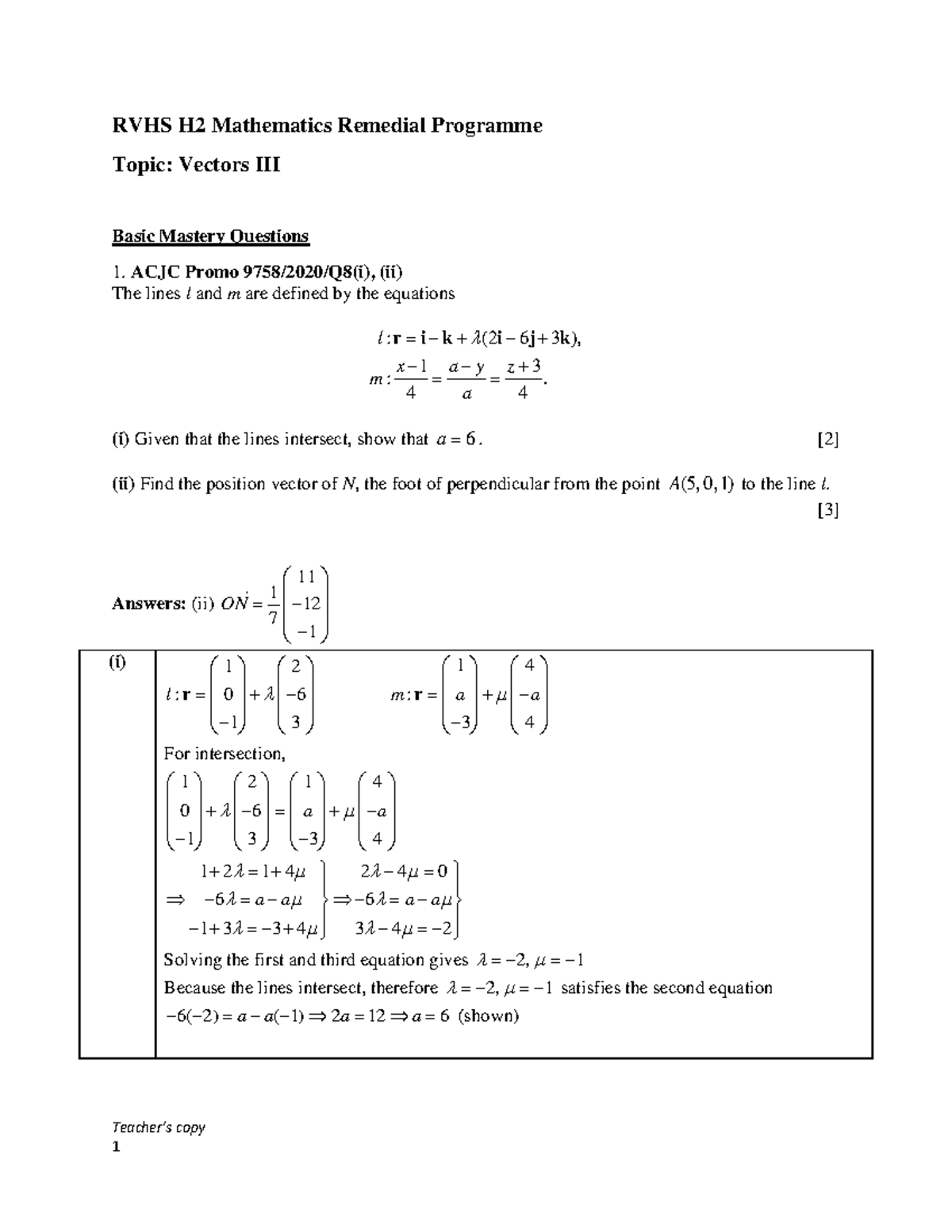 H2MA Remedial Vectors III Solution (RVHS) - Teacher’s copy RVHS H2 ...