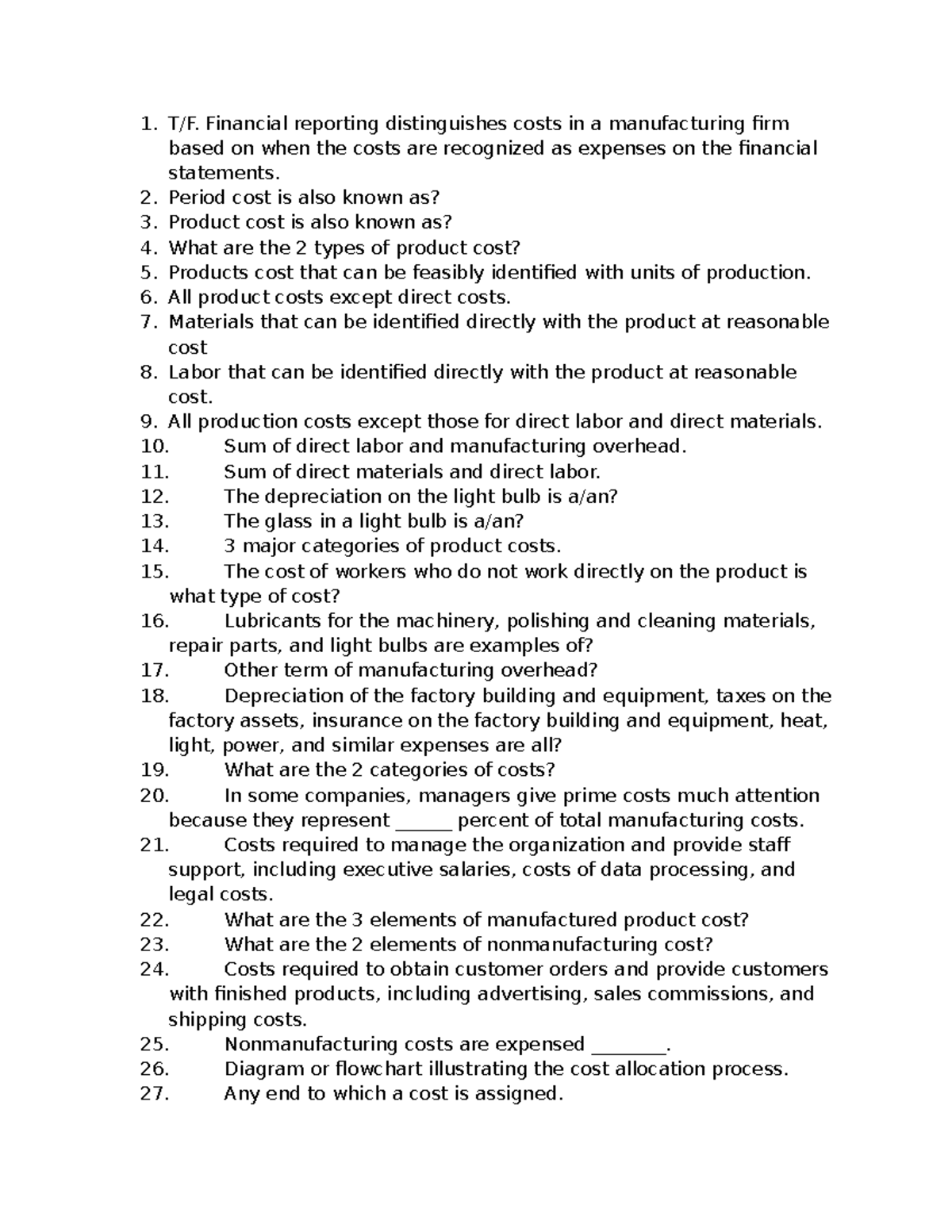Cost Acctg Chap2 Part2 - FOR PRACTICE - T/F. Financial reporting ...