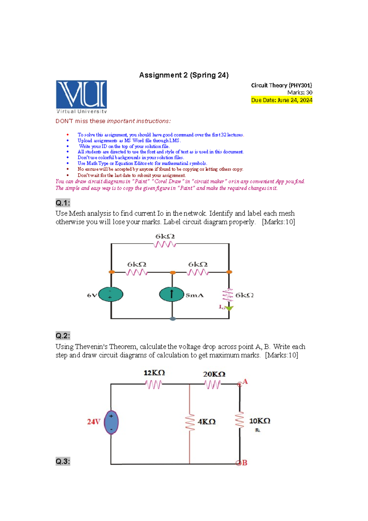 Spring 2024 PHY301 2 - Assignment 2 (Spring 24) Circuit Theory (PHY301) Marks: 30 Due Date: June ...