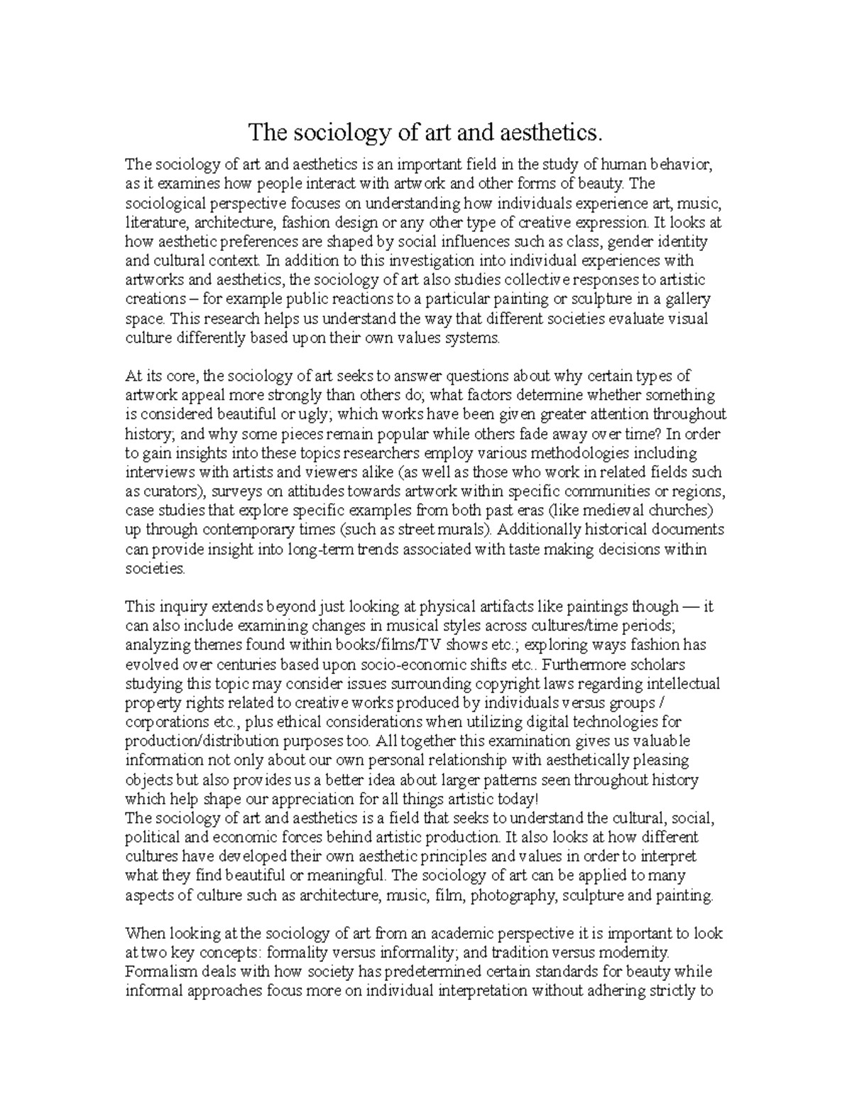 introductory sociology - The sociology of art and aesthetics. The ...