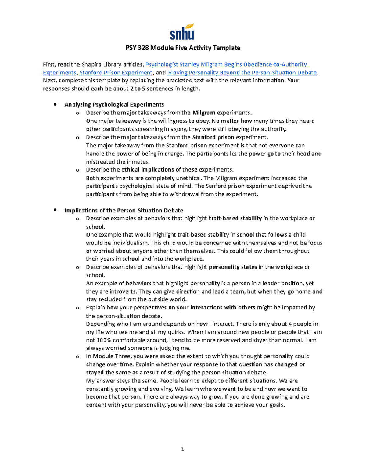 PSY 328 Module Five Activity Template - PSY 328 Module Five Activity Template First, read the ...