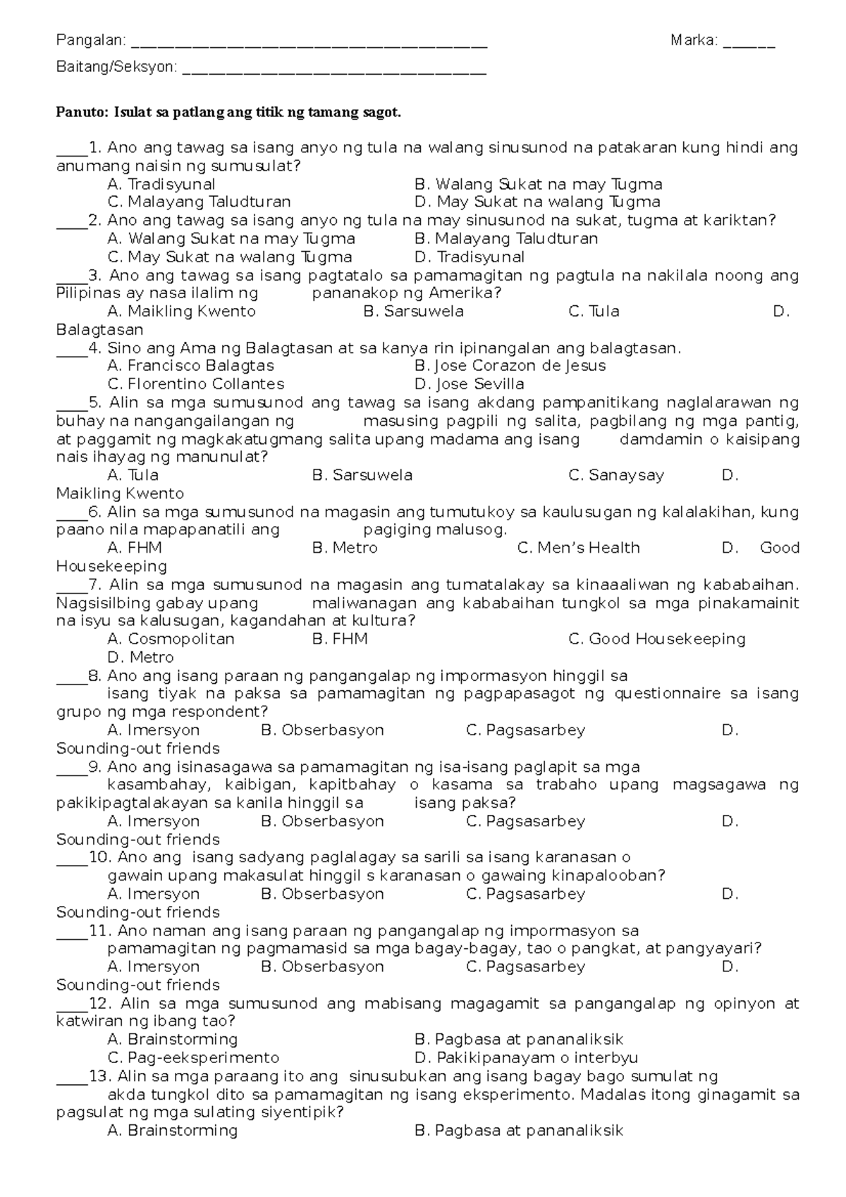 FIL Diagnostic - N/A - Pangalan ...