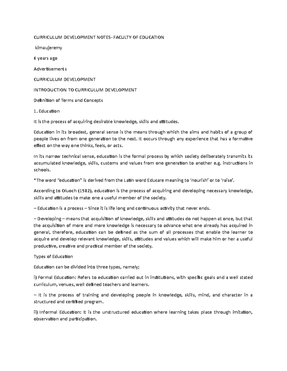 Curriculum - Notes - CURRICULUM DEVELOPMENT NOTES- FACULTY OF EDUCATION ...