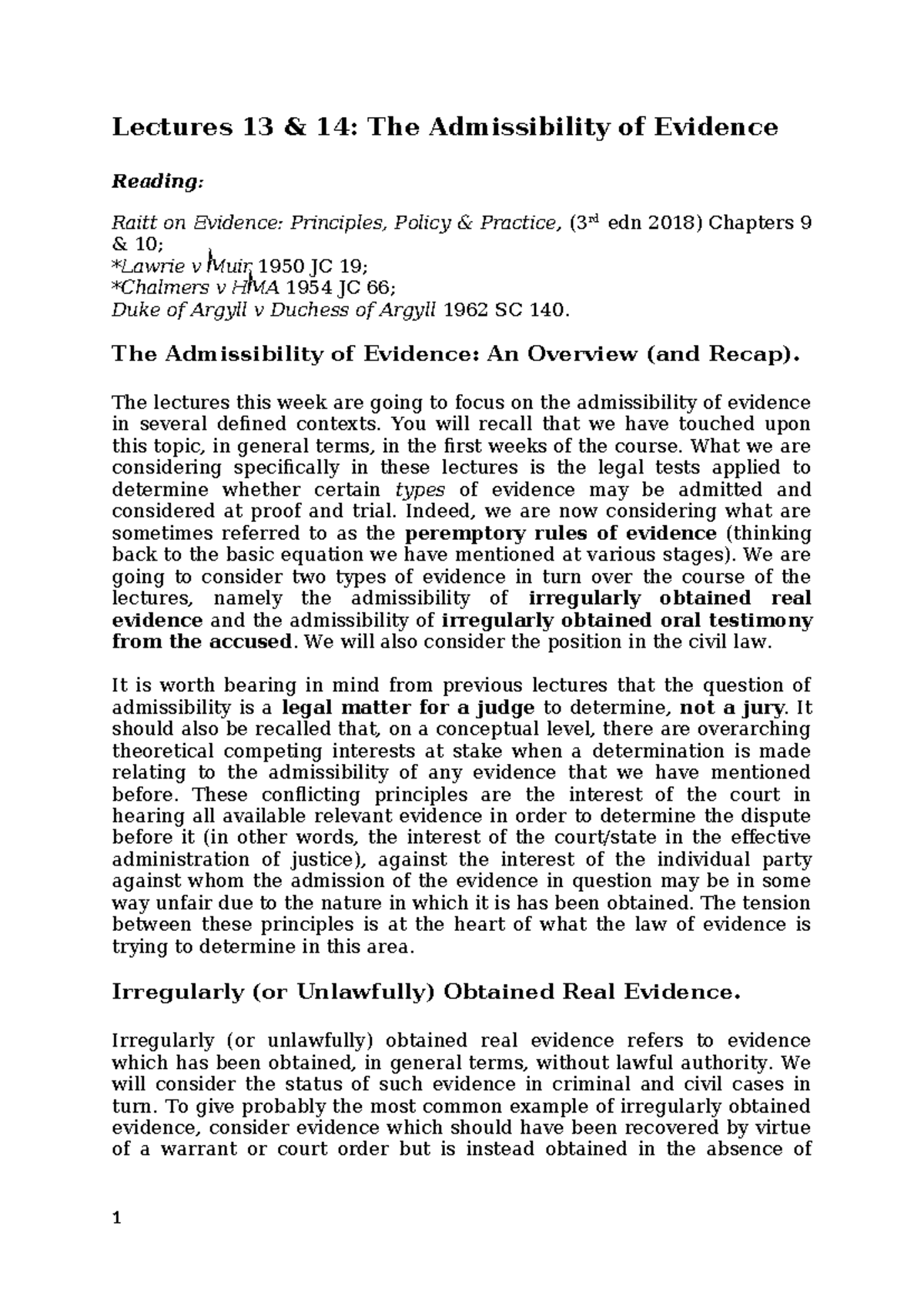 Lecture Guide Week 7 - Lectures 13 & 14: The Admissibility of Evidence ...