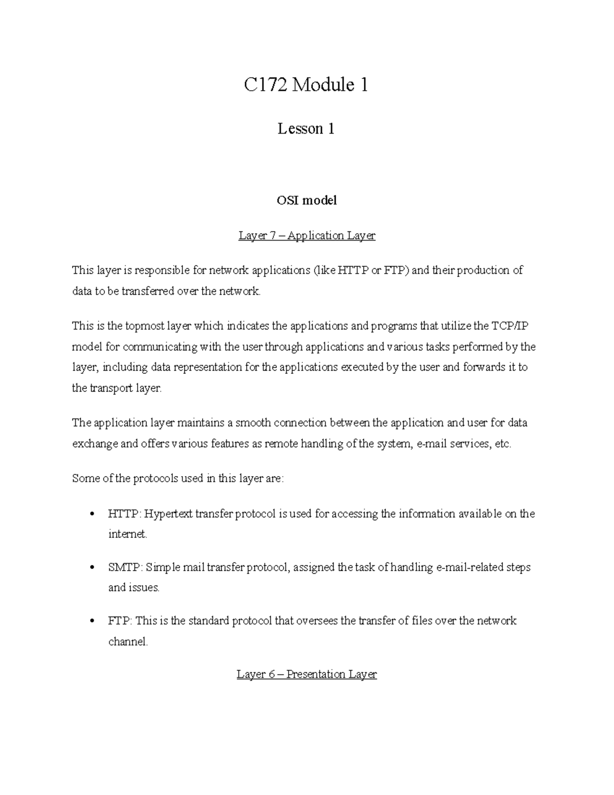 C172 Module 1 notes - C172 Module 1 Lesson 1 OSI model Layer 7 ...