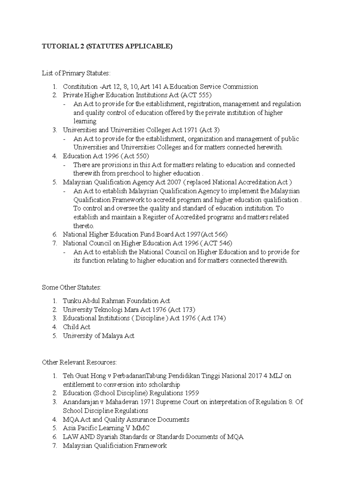 Tutorial 2 ( Statutes) - TUTORIAL 2 (STATUTES APPLICABLE) List of ...