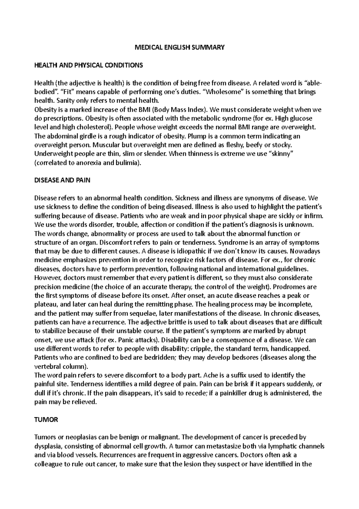 Medical English Summary MEDICAL ENGLISH SUMMARY HEALTH AND PHYSICAL
