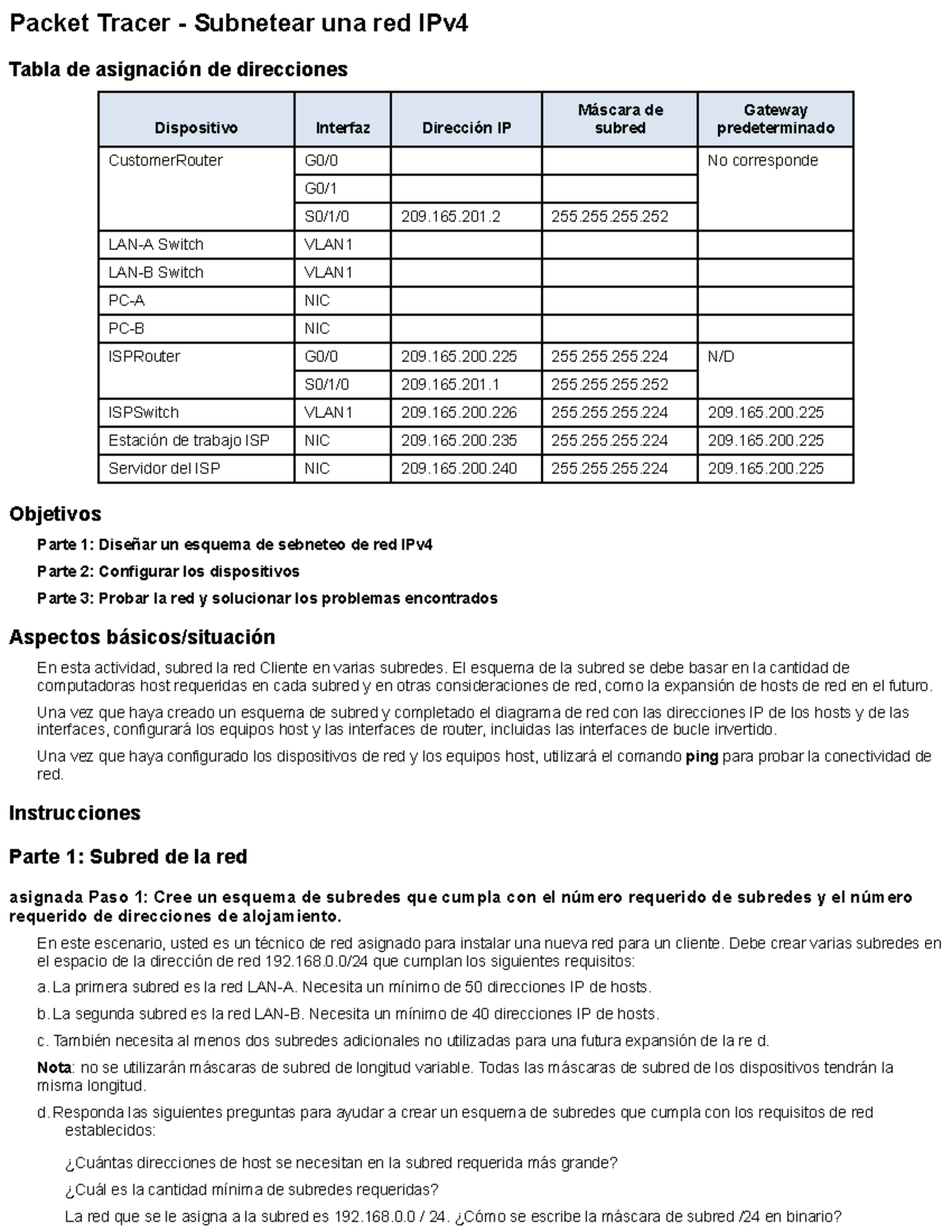 Planification y administracion de redes - Packet Tracer - Subnetear una ...