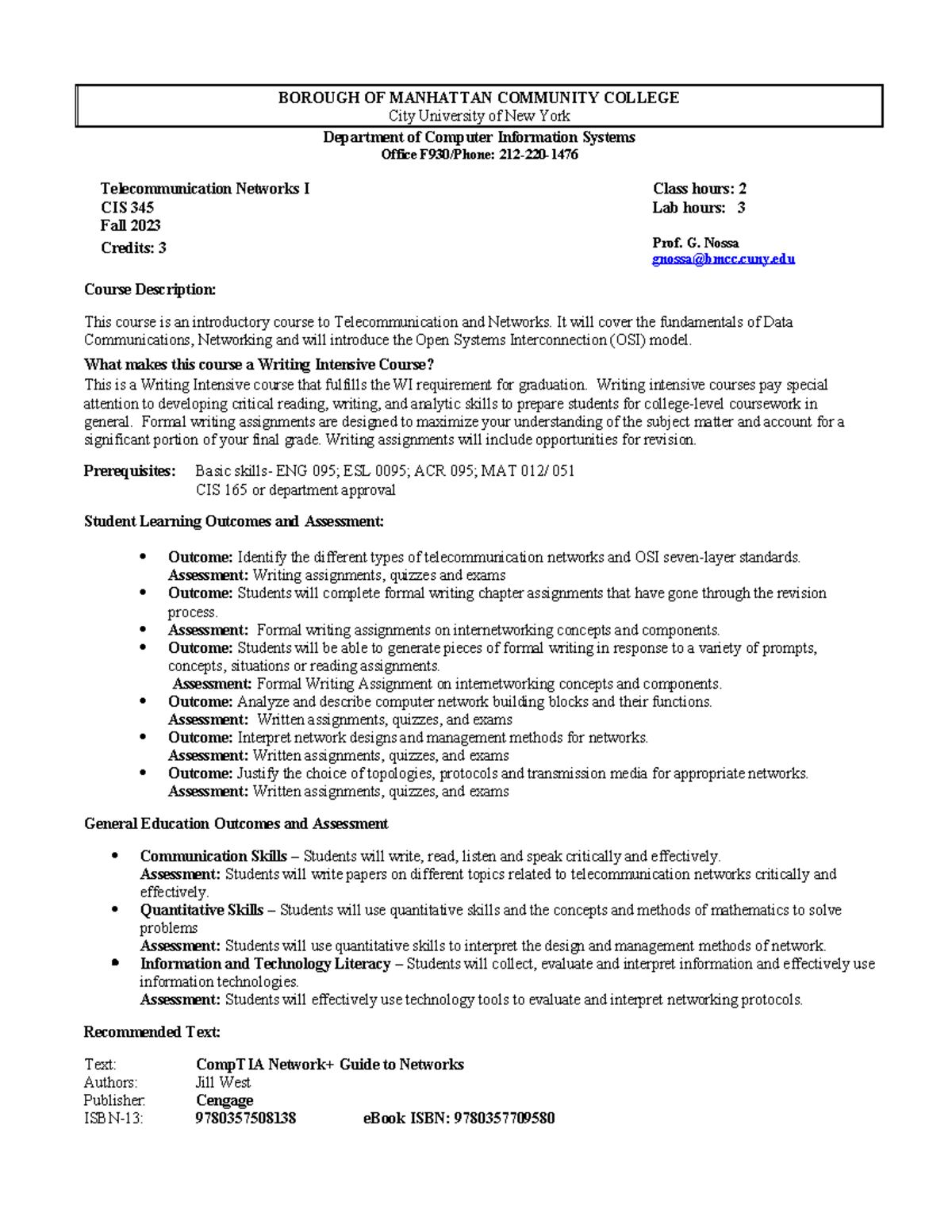 CIS 345 Syllabus Spring 2024 - Prof Nossa - BOROUGH OF MANHATTAN COMMUNITY COLLEGE City ...