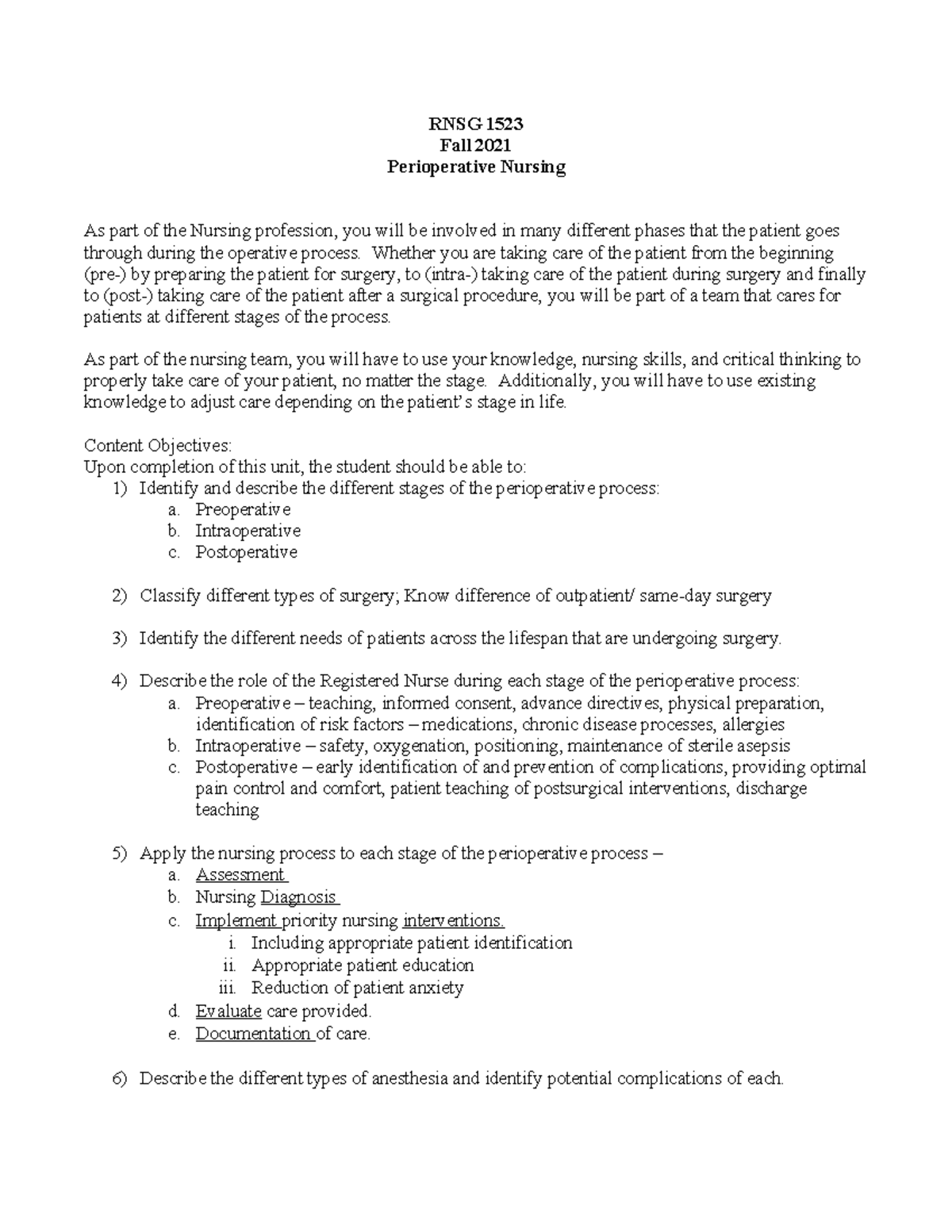 FA21 P&R Periop Objectives - RNSG 1523 Fall 2021 Perioperative Nursing ...