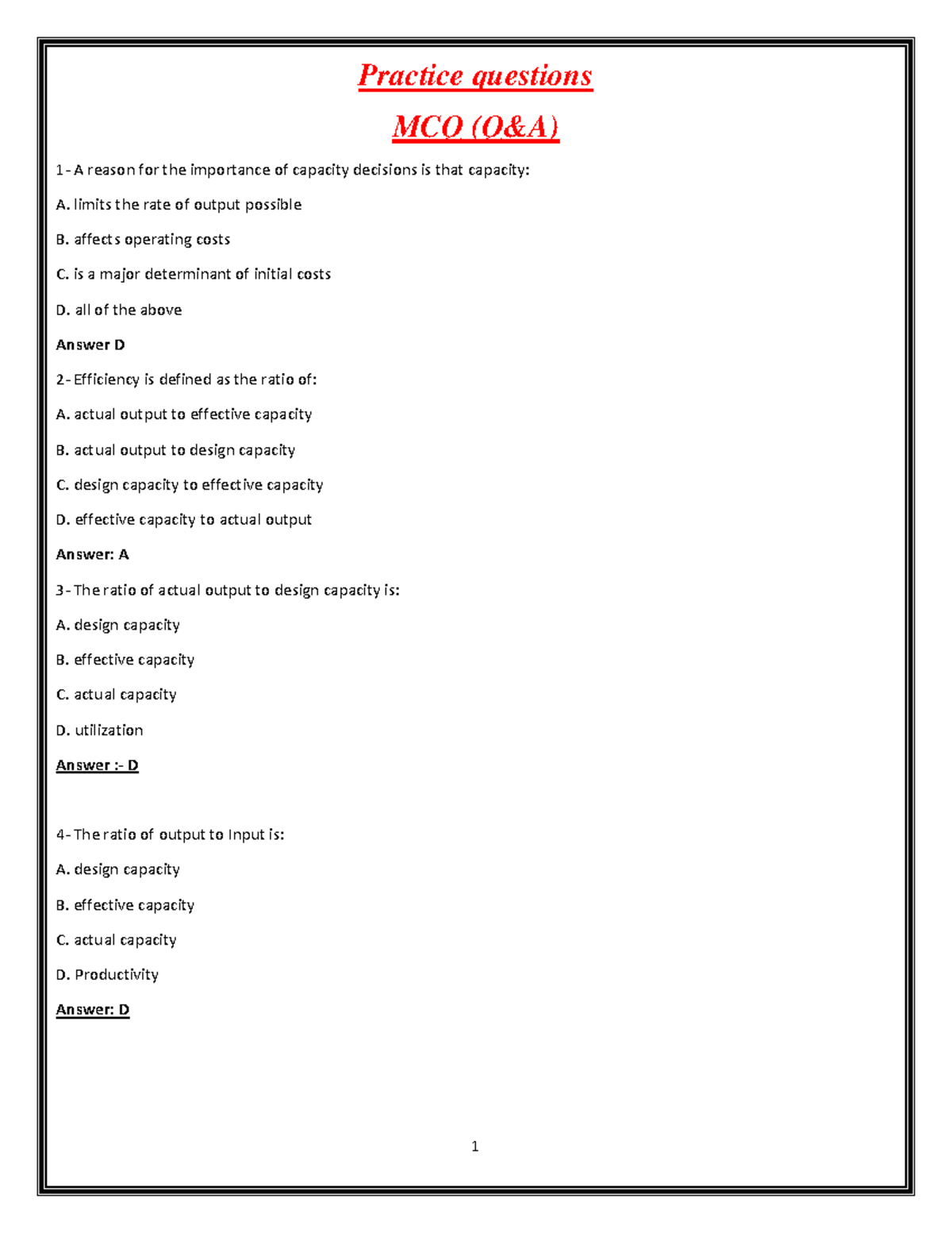 7th Revision Sheet POM - good - Practice questions MCQ (Q&A) 1 - A ...