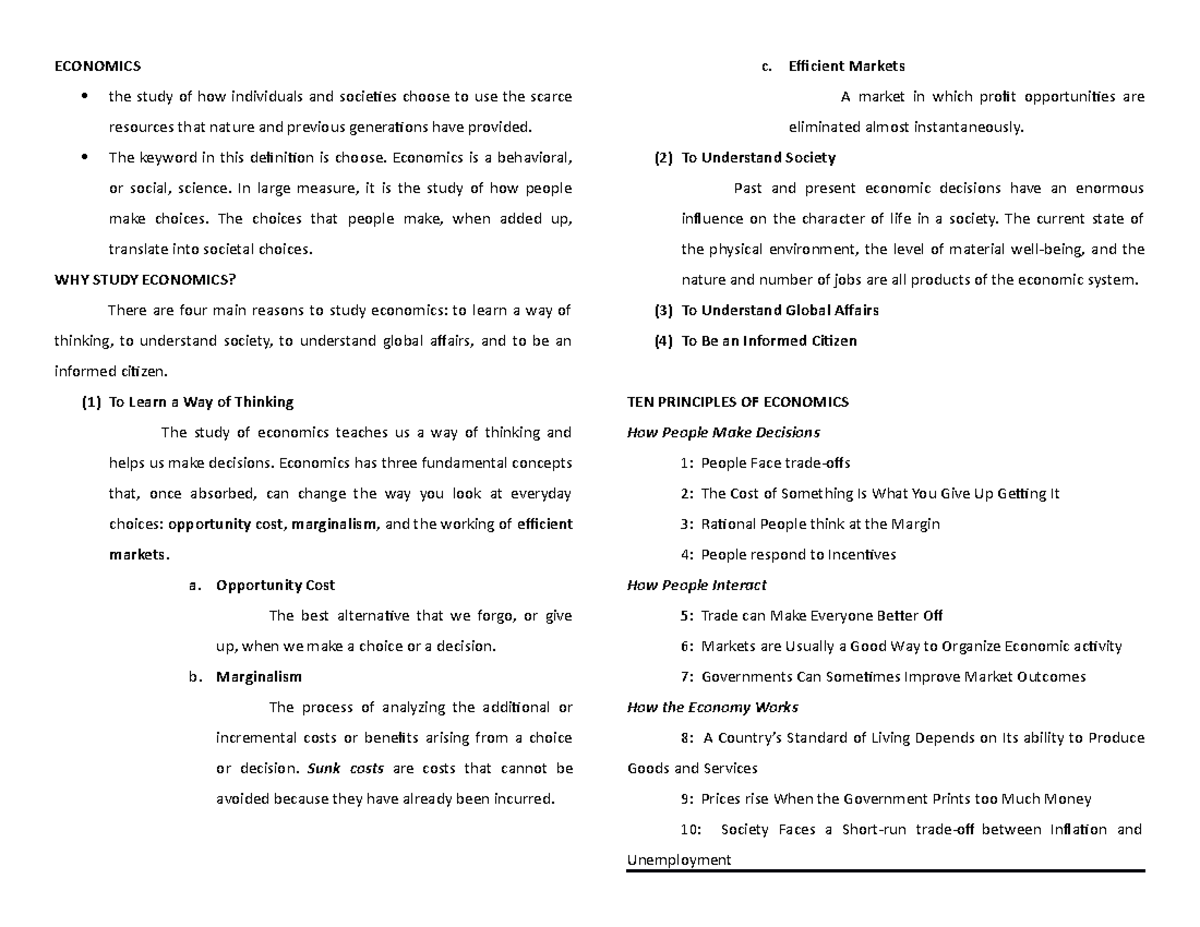 Econ 11 - Introductory Economics - ECONOMICS c. Efficient Markets the ...