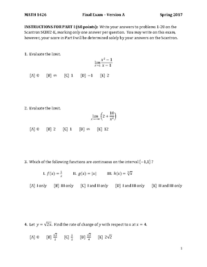 CALC Formulas - notes - Applied Calculus (MATH 1325) Important Formulas ...