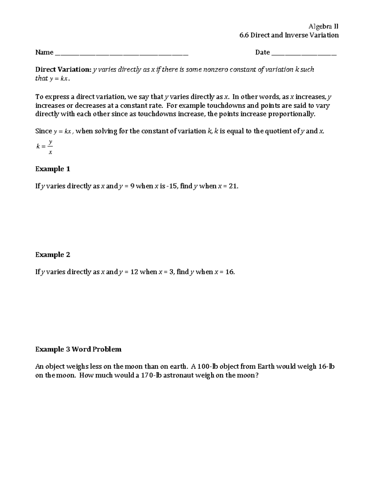 6.6 Direct and Inverse Variation - Algebra II 6 Direct and Inverse ...