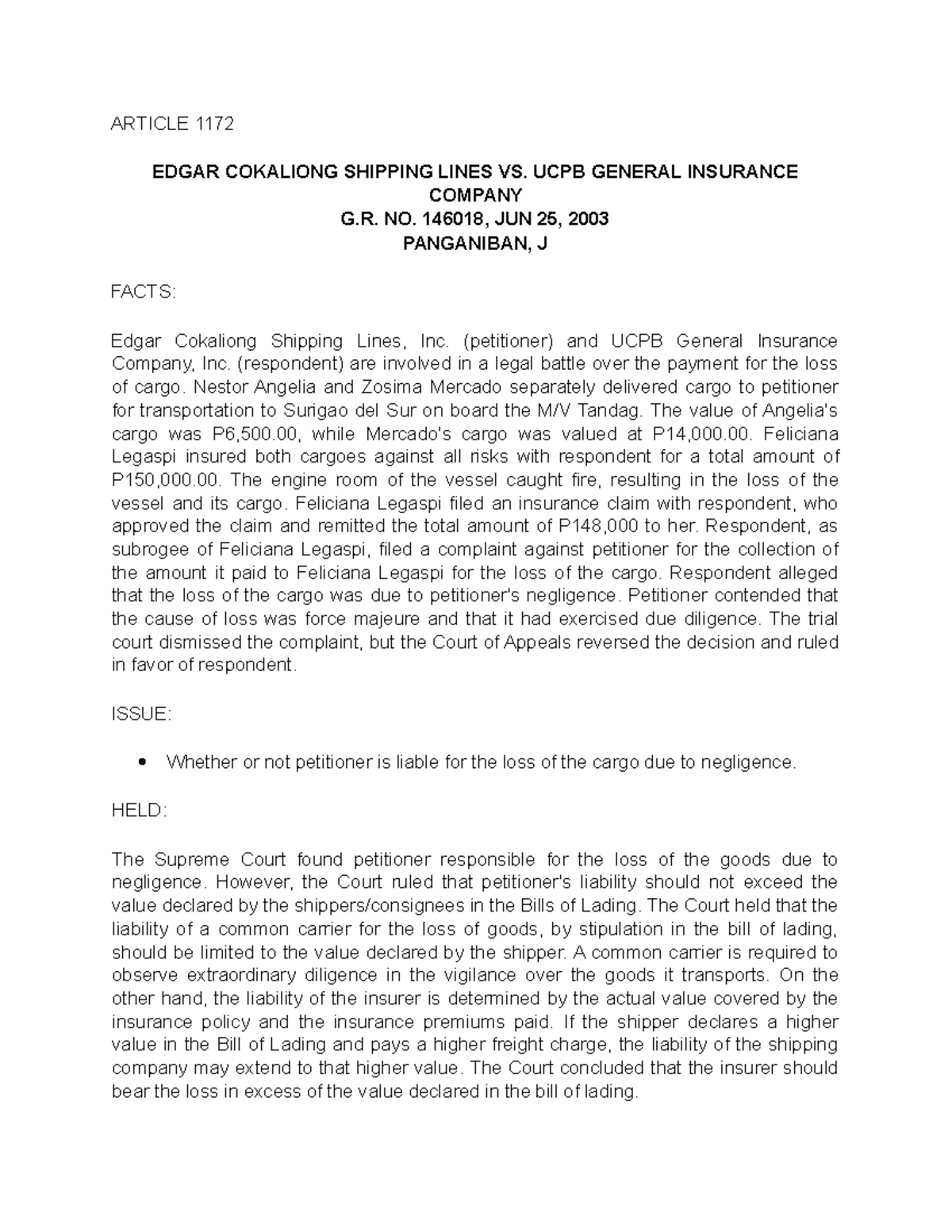 Edgar Cokaliong Shipping Lines VS. UCPB General Insurance Company ...