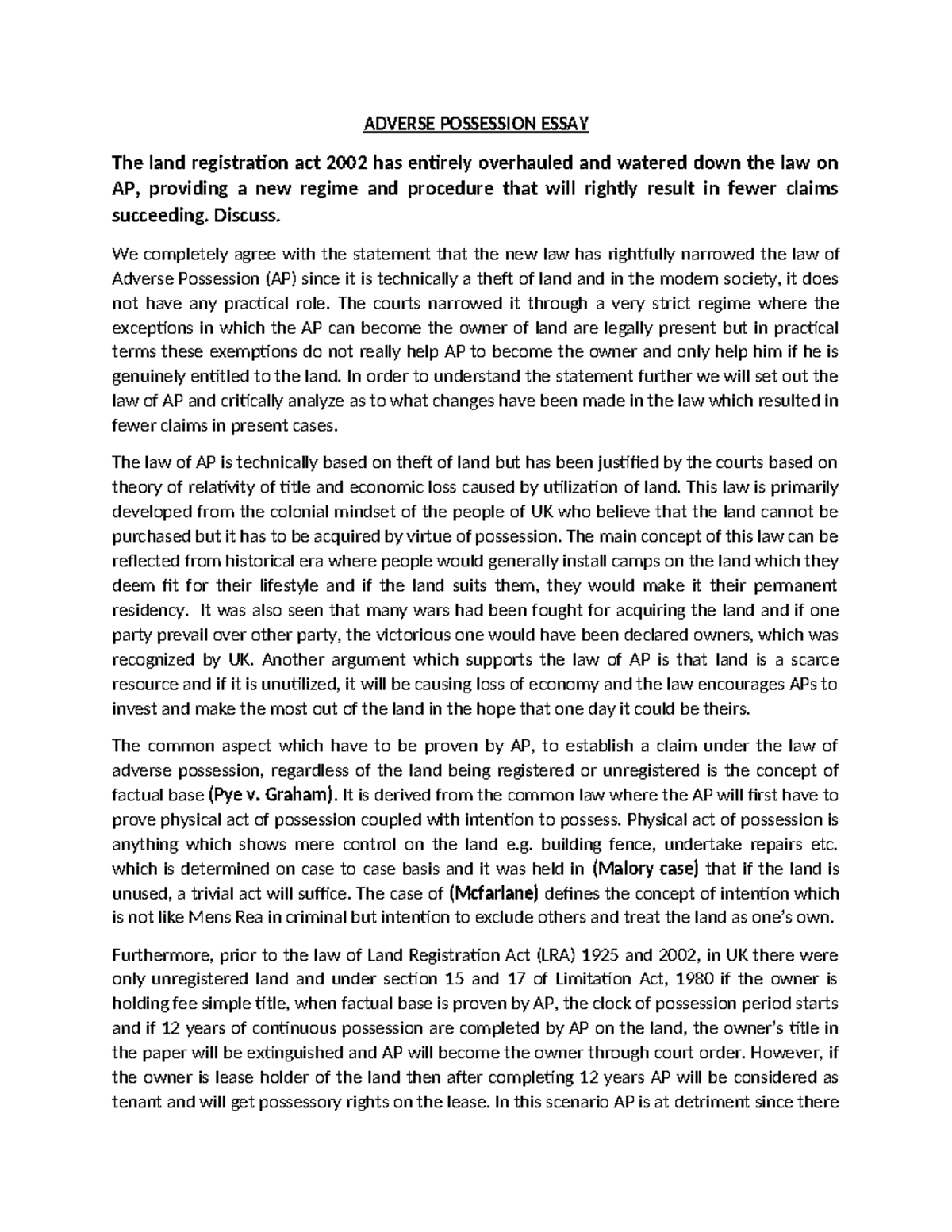 Adverse Possession Essay - ADVERSE POSSESSION ESSAY The land ...