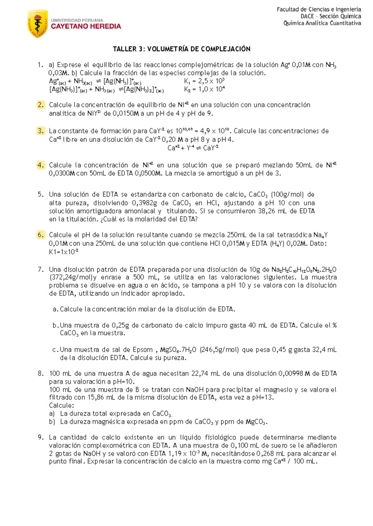 Taller 3 2024-1 - TALLER 3: VOLUMETRÍA DE COMPLEJACIÓN a) Exprese el ...