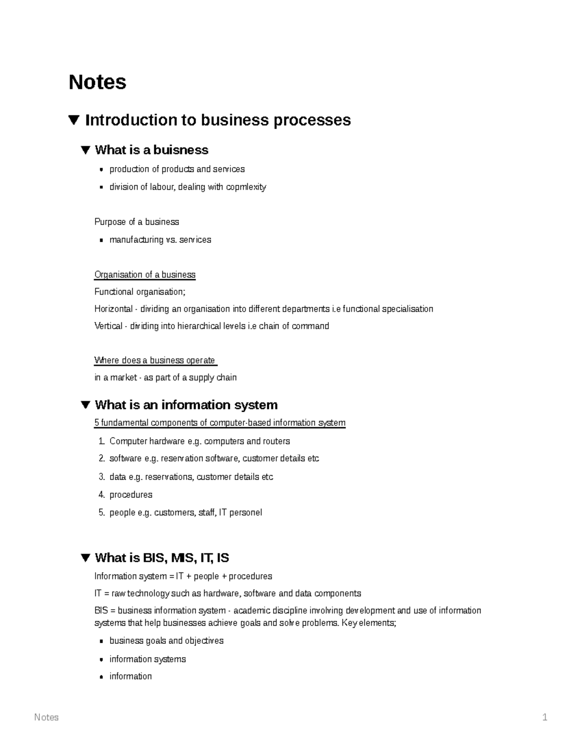 Infs1000 notes - Notes Introduction to business processes What is a ...