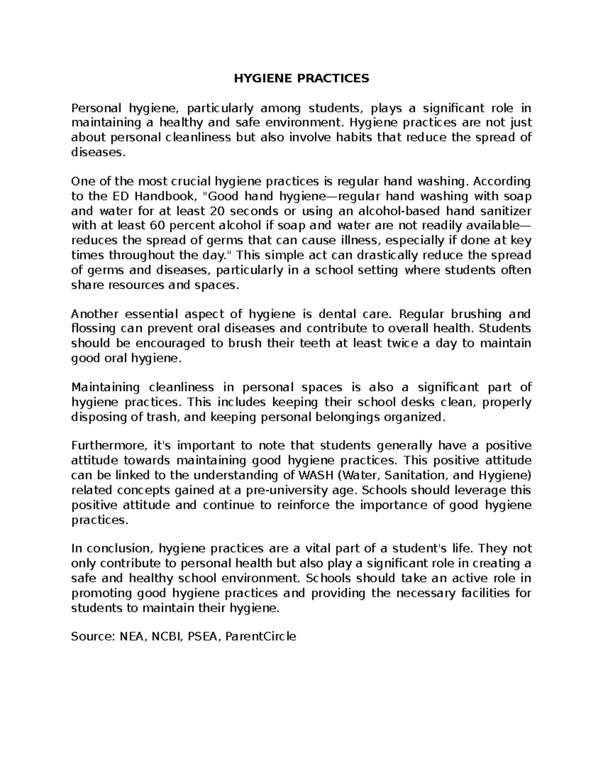 Hygiene- Practices - HYGIENE PRACTICES Personal hygiene, particularly ...