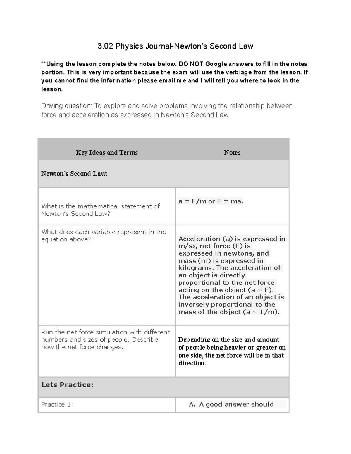 Copy of 3.02 Physics Journal-Newton’s Second Law - 3 Physics Journal ...