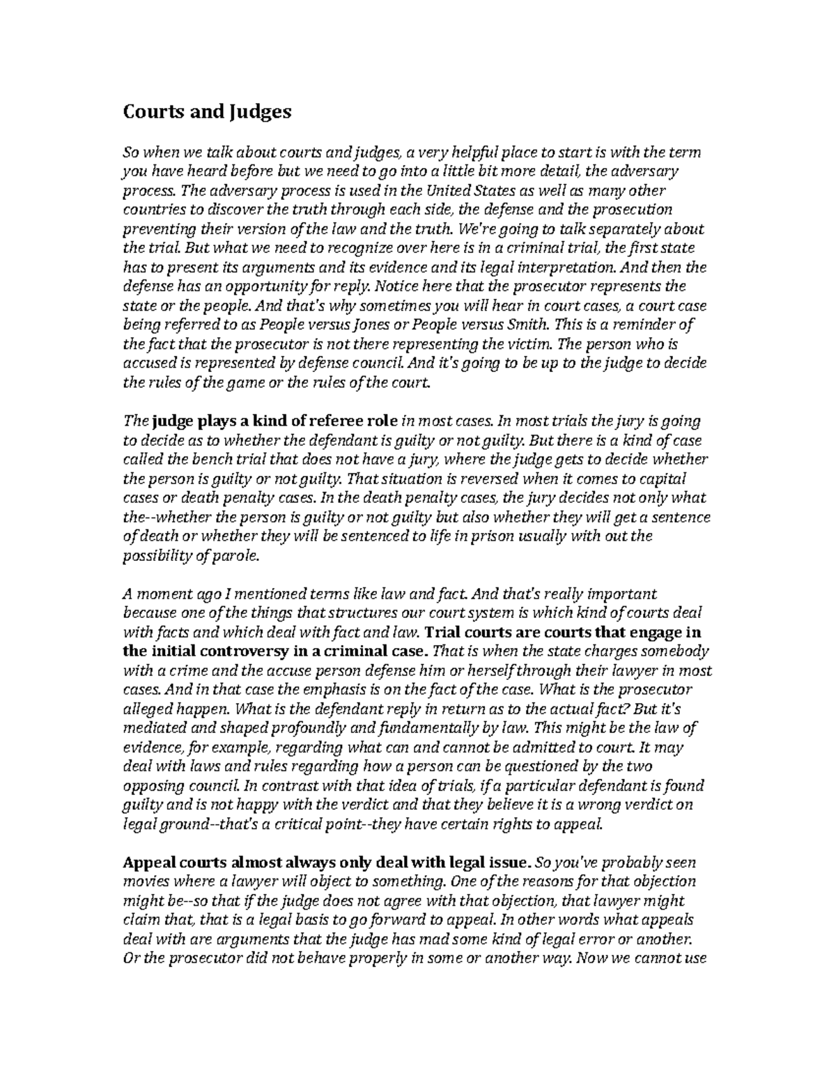 09- Courts and Judges - Transcript of lecture 9 - Courts and Judges So ...