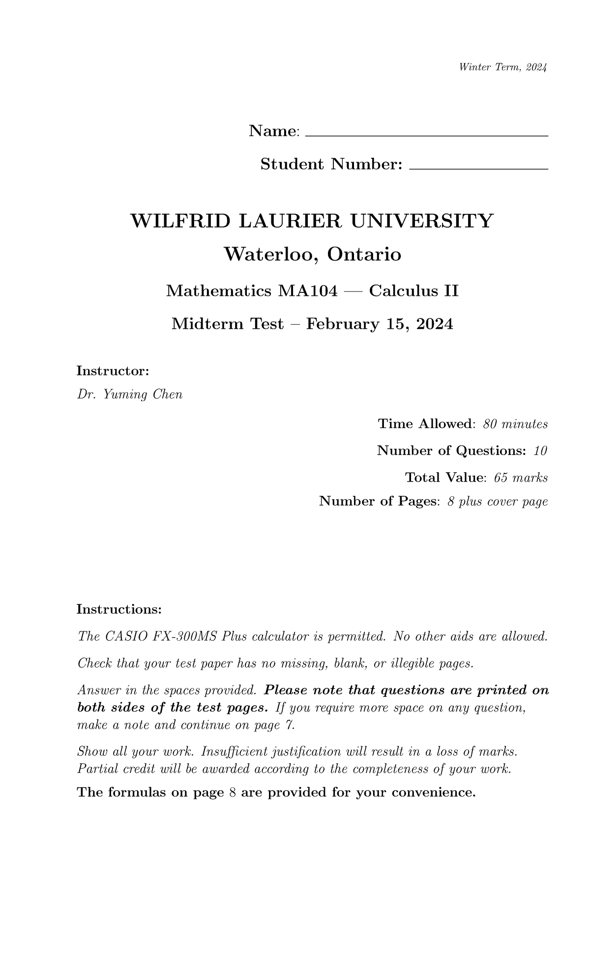 MA104-2024W-Mid Solutions - Winter Term, 2024 Name: Student Number ...