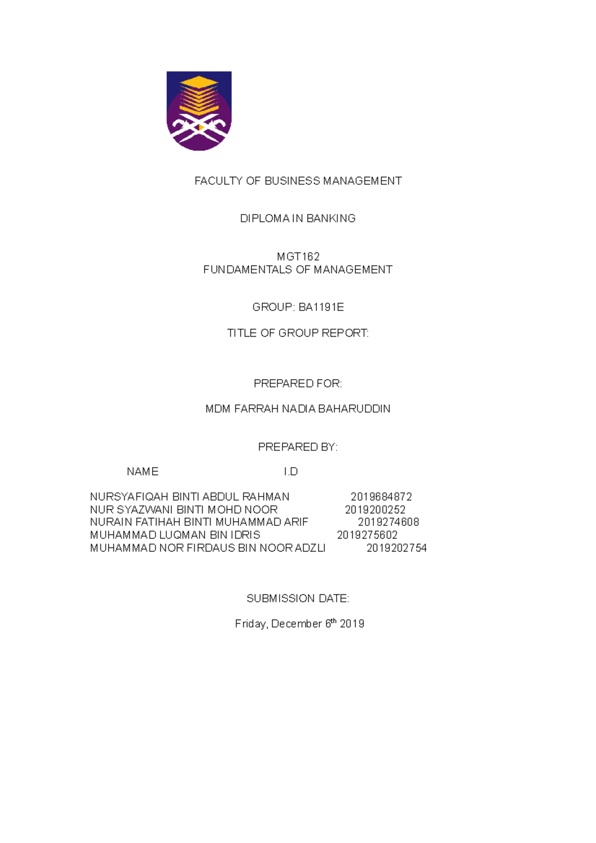 GROUP REPORT MGT162 (GOOD REPORT) - FACULTY OF BUSINESS MANAGEMENT ...