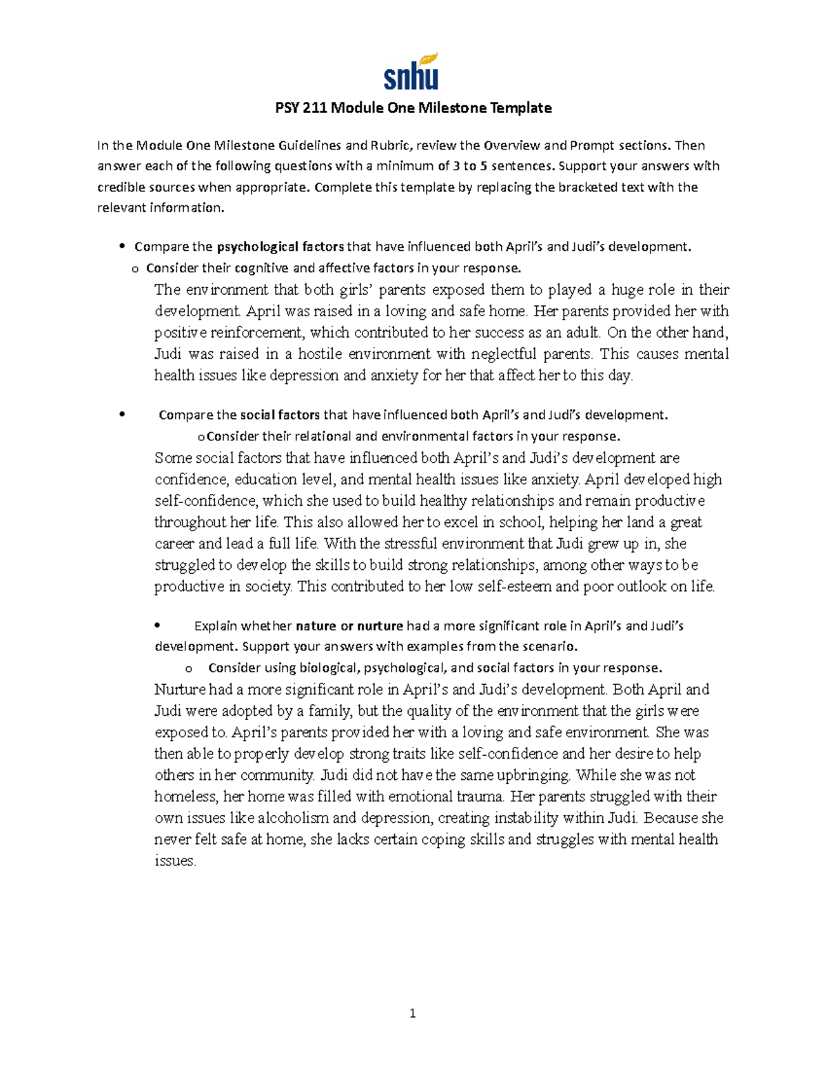 PSY 211 Module One Milestone - Then answer each of the following ...