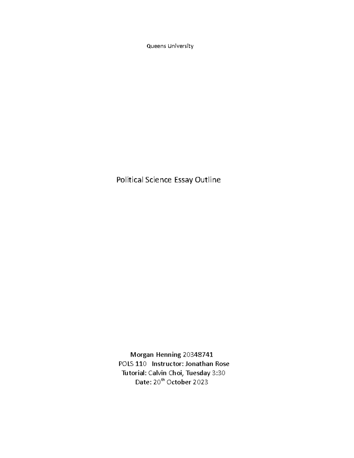 Pol sci outline 2 - Queens University Political Science Essay Outline ...