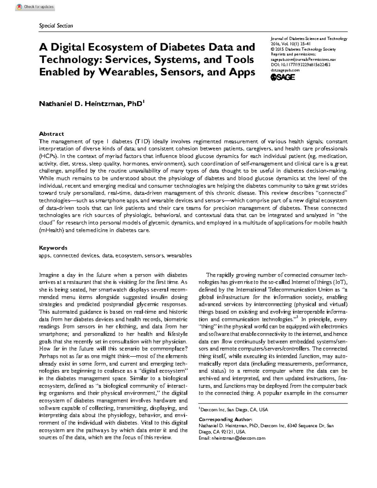 Heintzman 2015 a digital ecosystem of diabetes data and technology ...
