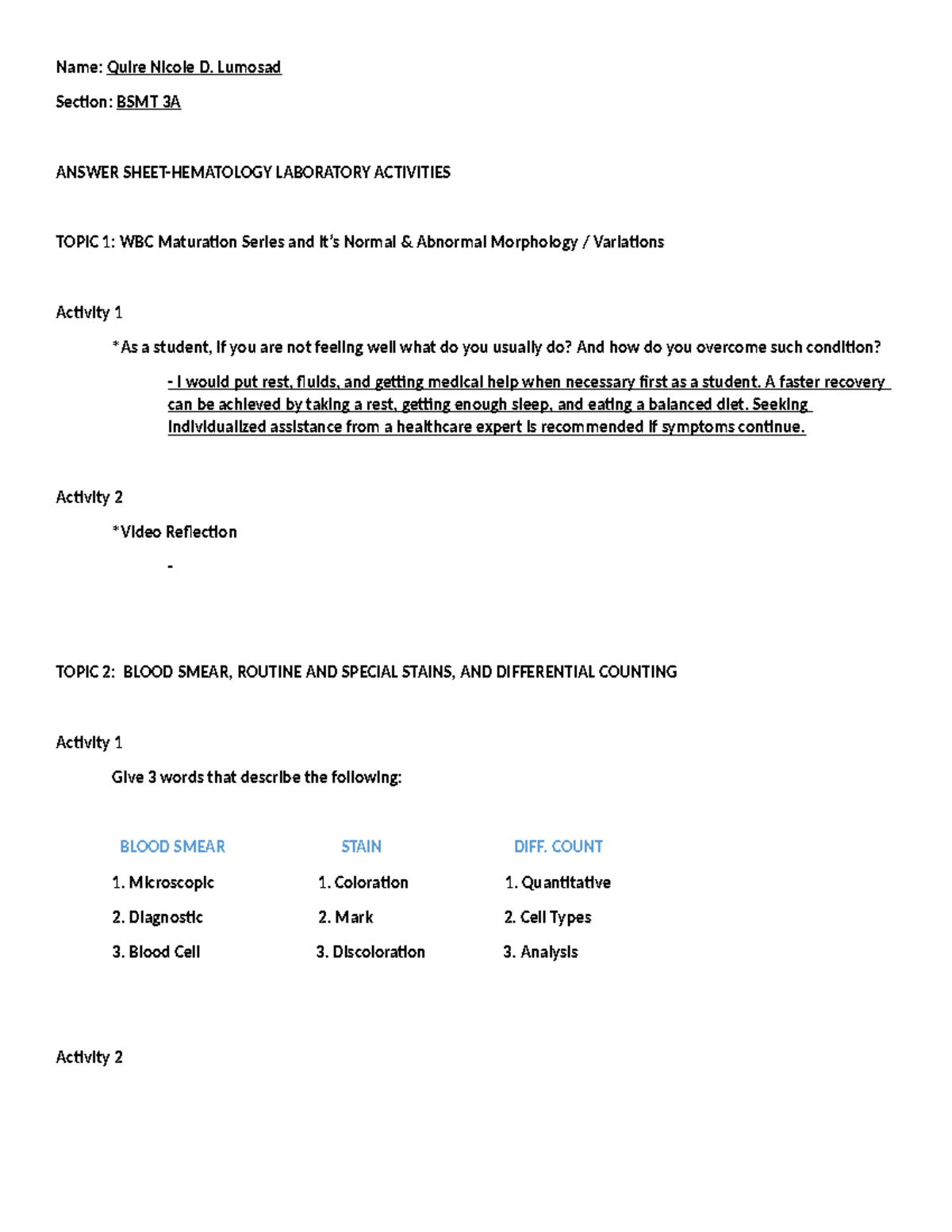 Hema module 4 answers - Notes - Name: Quire Nicole D. Lumosad Section ...