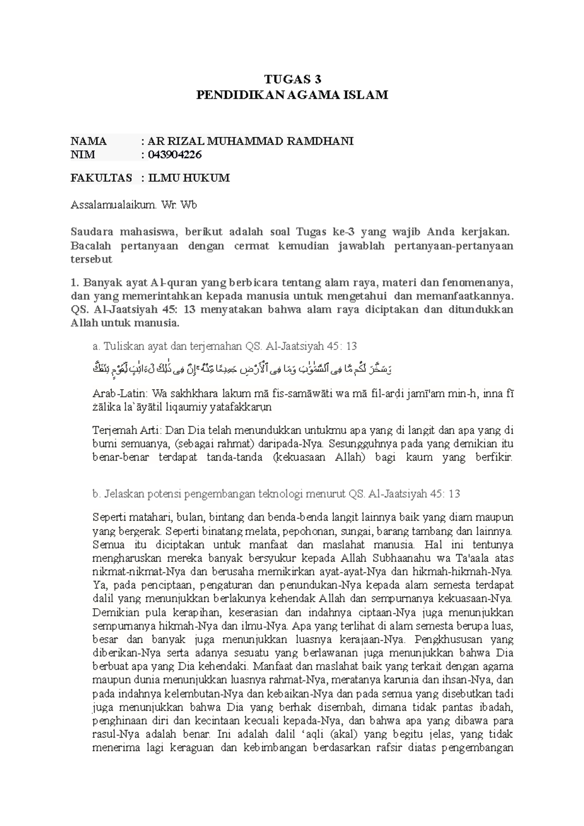 Tugas 3 PAI - PAI - TUGAS 3 PENDIDIKAN AGAMA ISLAM NAMA : AR RIZAL MUHAMMAD RAMDHANI NIM ...